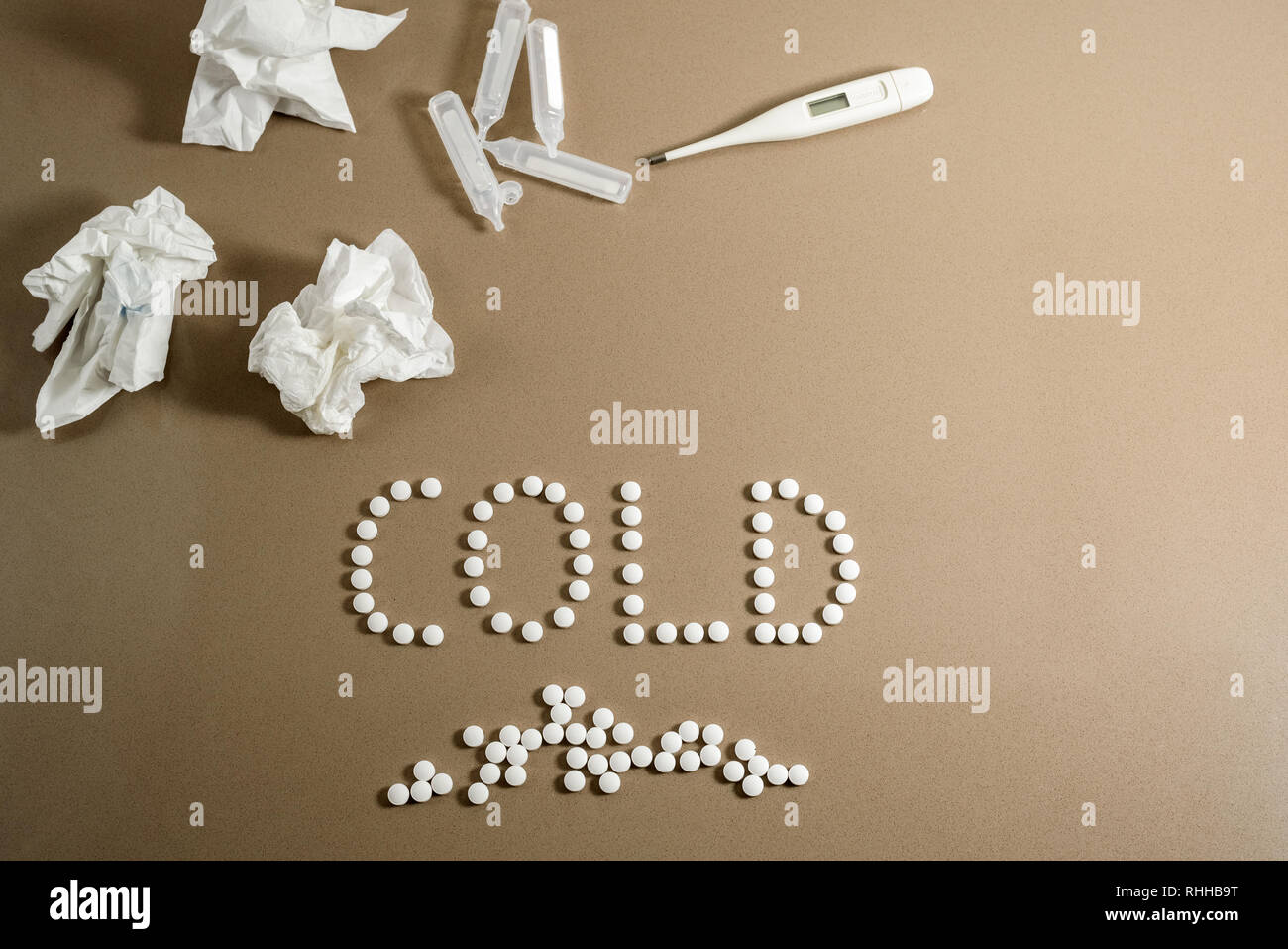 Concept of cold and treatment with medicines, dirty snot paper tissues ...