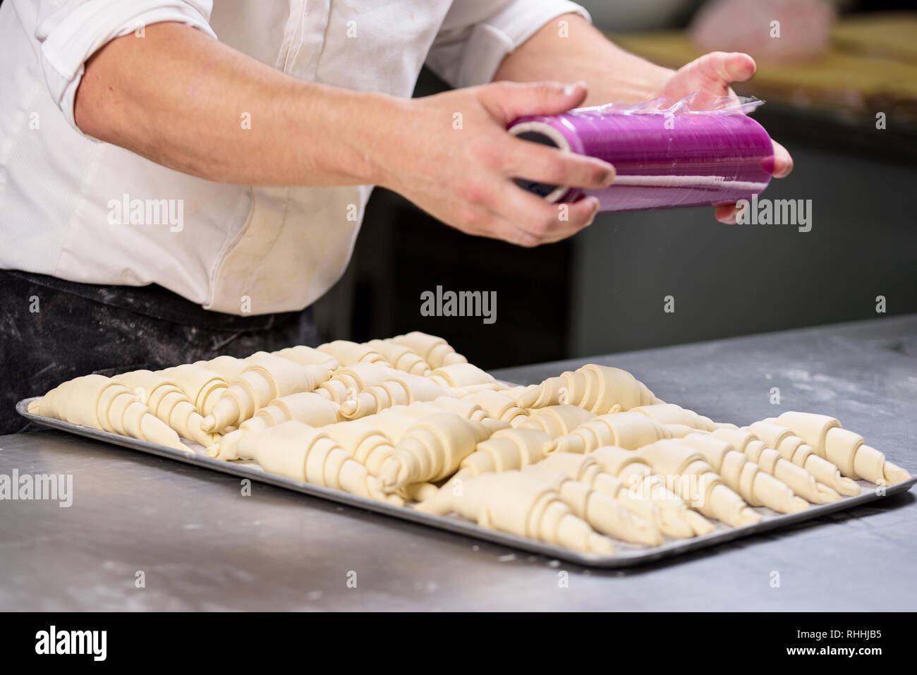 Pastry chef sealing with plastic film a tray of croissants dough Stock ...