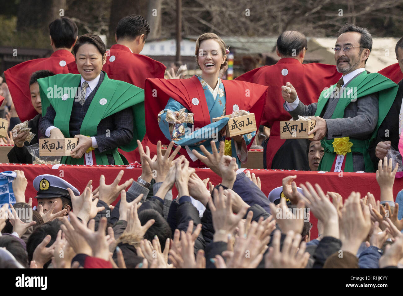 Chiba, Japan. 3rd Feb, 2019. (L to R) Japanese actor Sadao Abe, actress ...