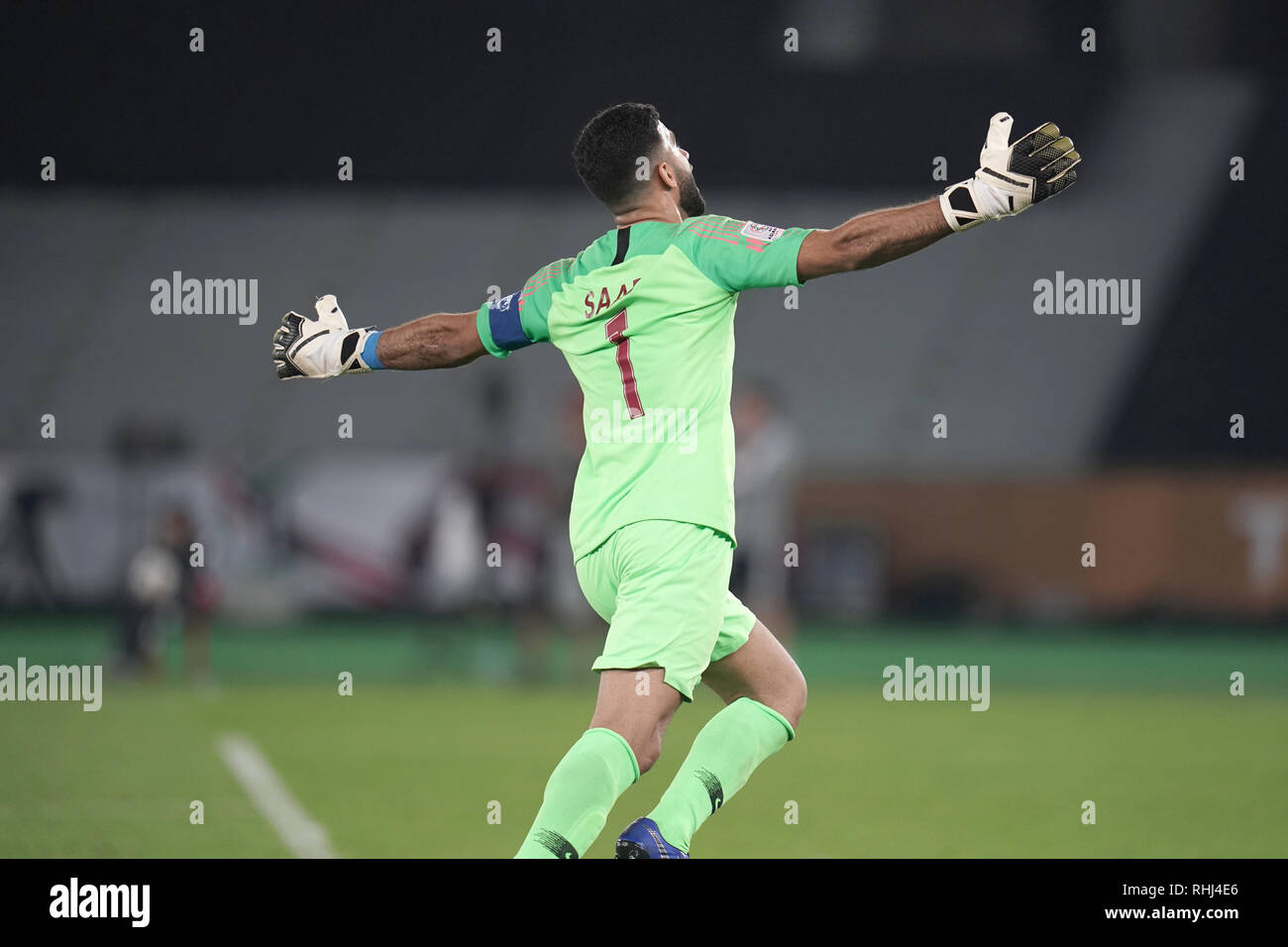 Abu Dhabi, UAE. 3rd Feb 2019. Qatar's Saad Al Sheeb celebrates scoring ...