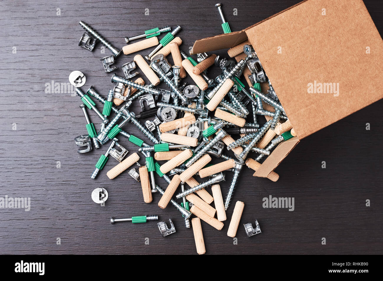 Open box with fall out tools for furniture assembly, closeup Stock ...