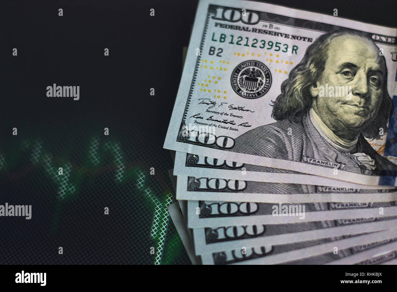 US dollar bills on background with dynamics of exchange rates. Trading ...