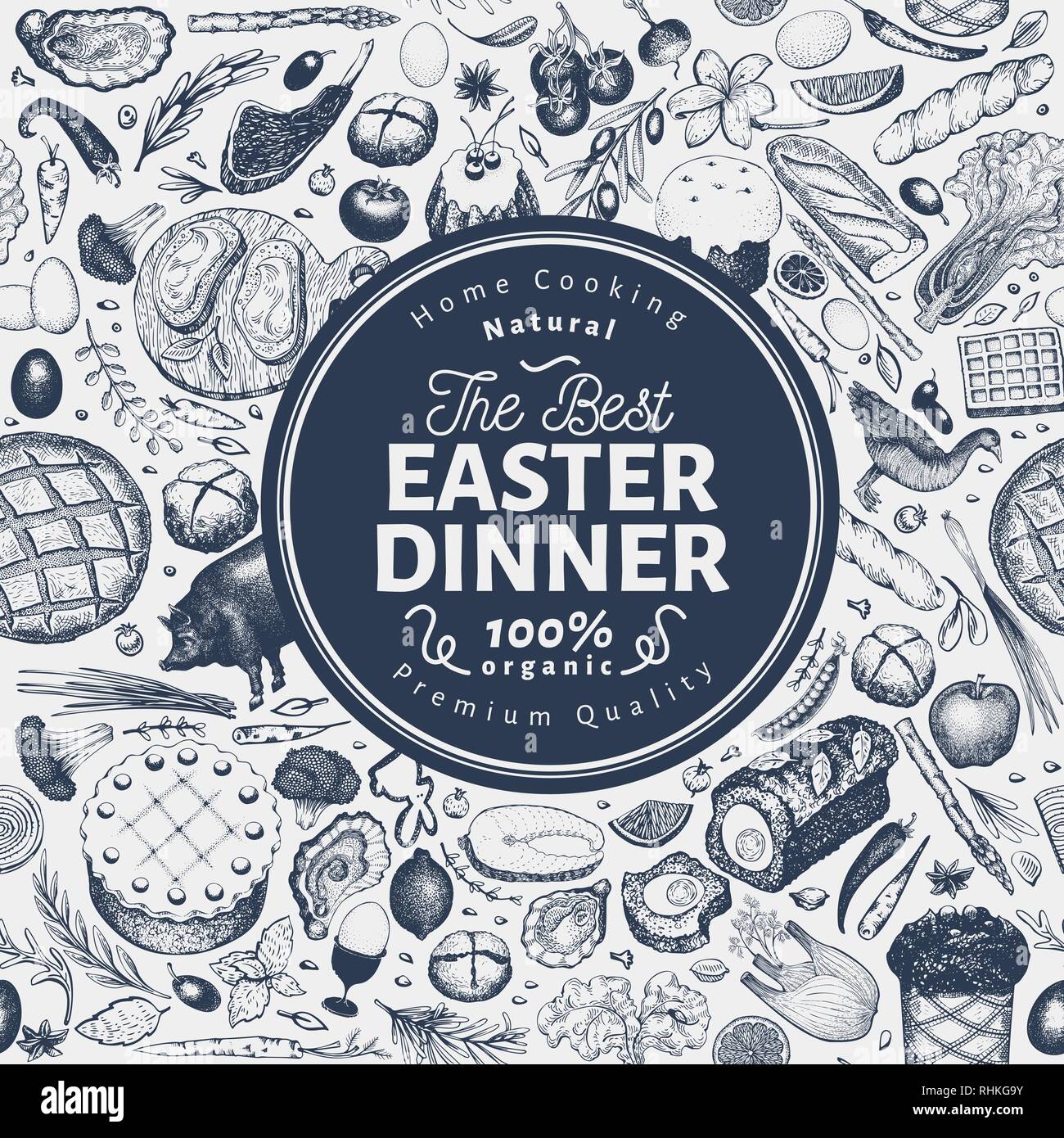 Easter dinner banner template. Vector hand drawn illustrations. Happy ...