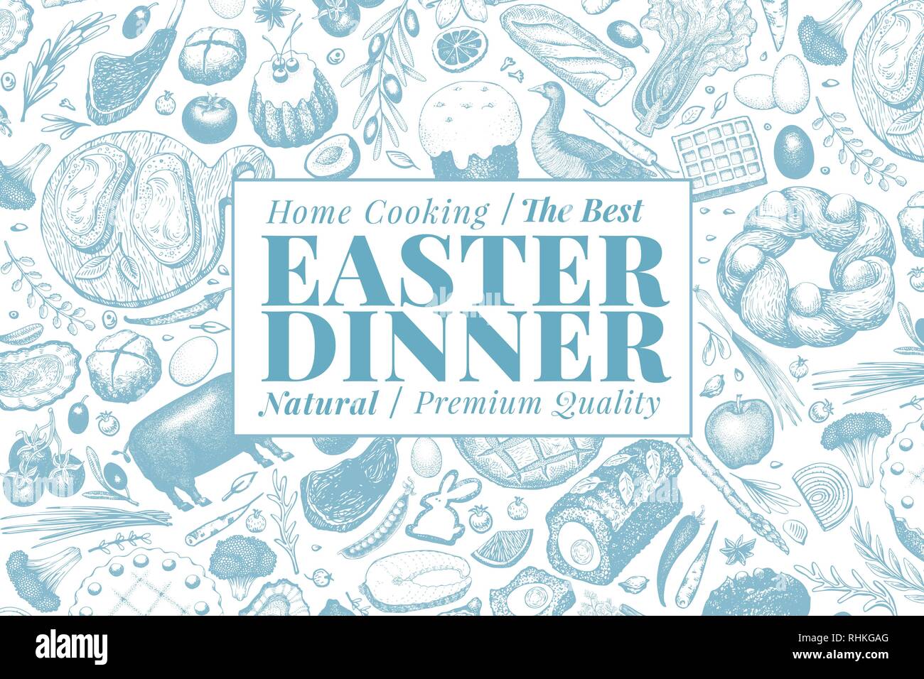 Easter dinner banner template. Vector hand drawn illustrations. Happy ...