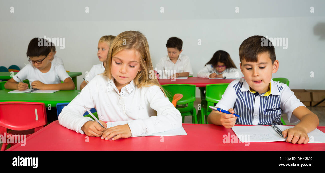 Group of primary school pupils sitting at desks and doing tasks in ...