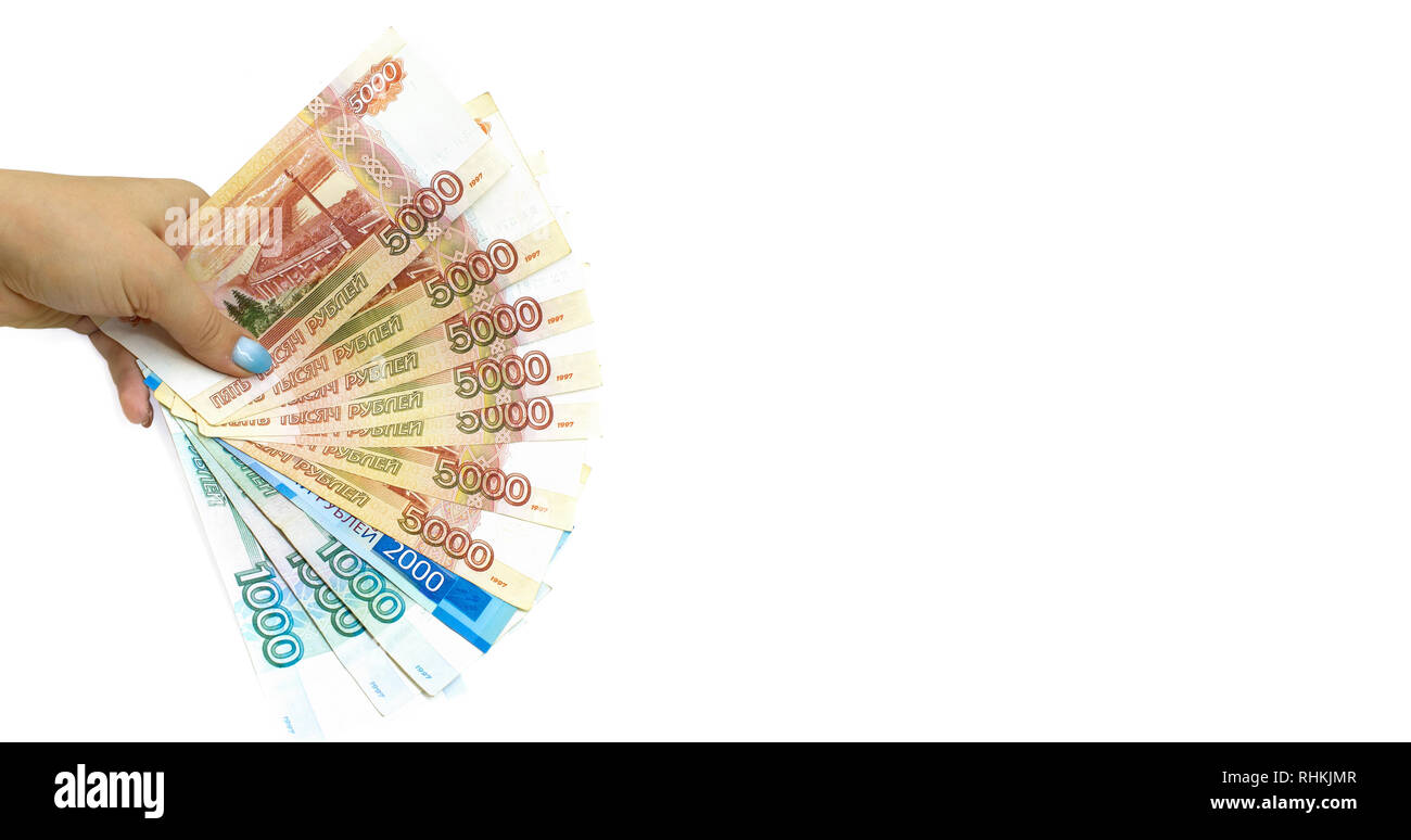 Woman hand holds paper russian money. Russian rouble banknote paper ...