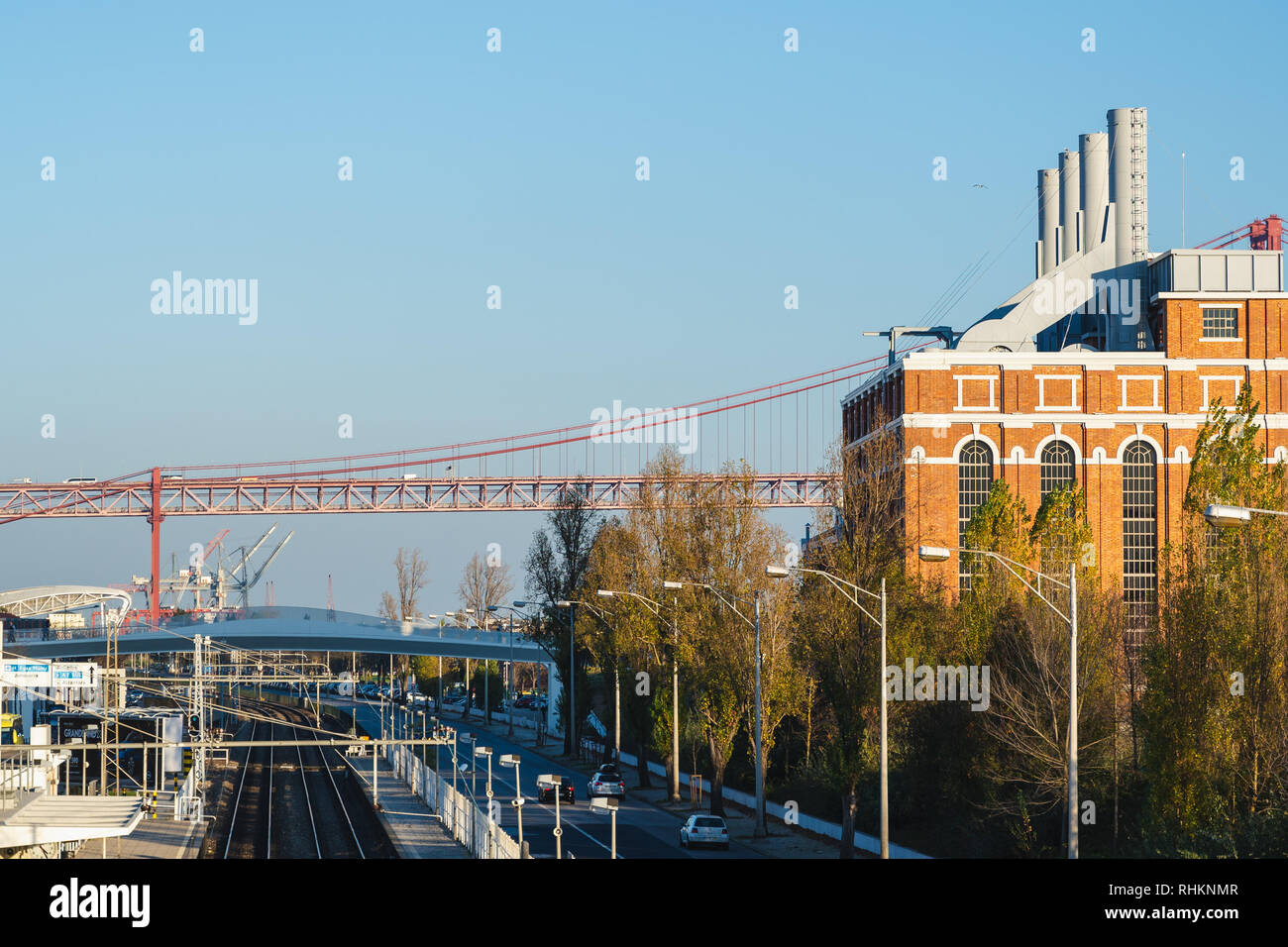 Sunny view of thermoelectric Tejo Power Station with bricked walls and ...