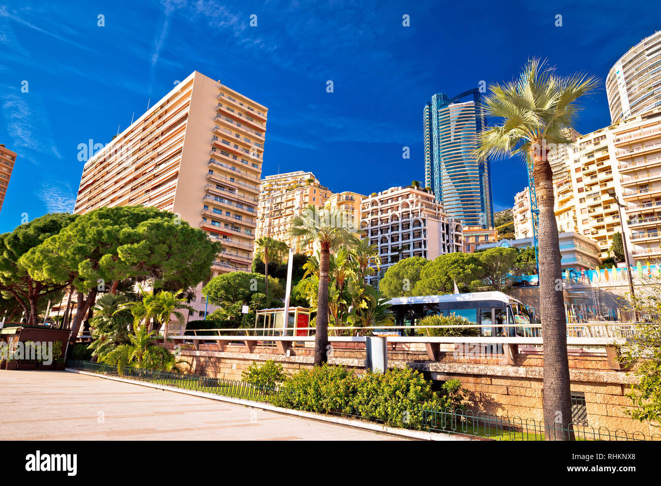 Les Plages Monaco skyline and green waterfront view, Principality of ...