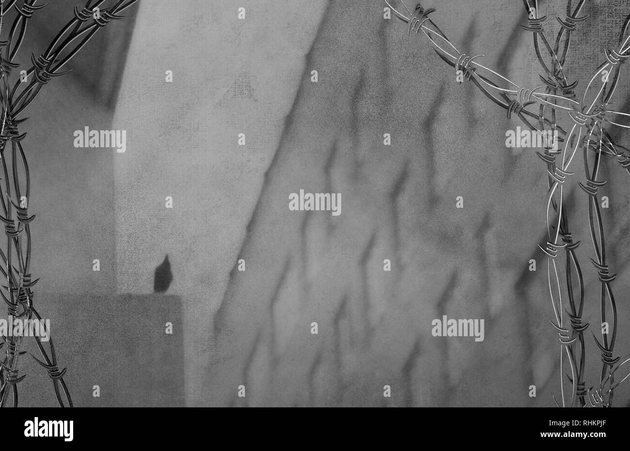 Prison building with windows and silhouette of bird. Barbed wire frame ...