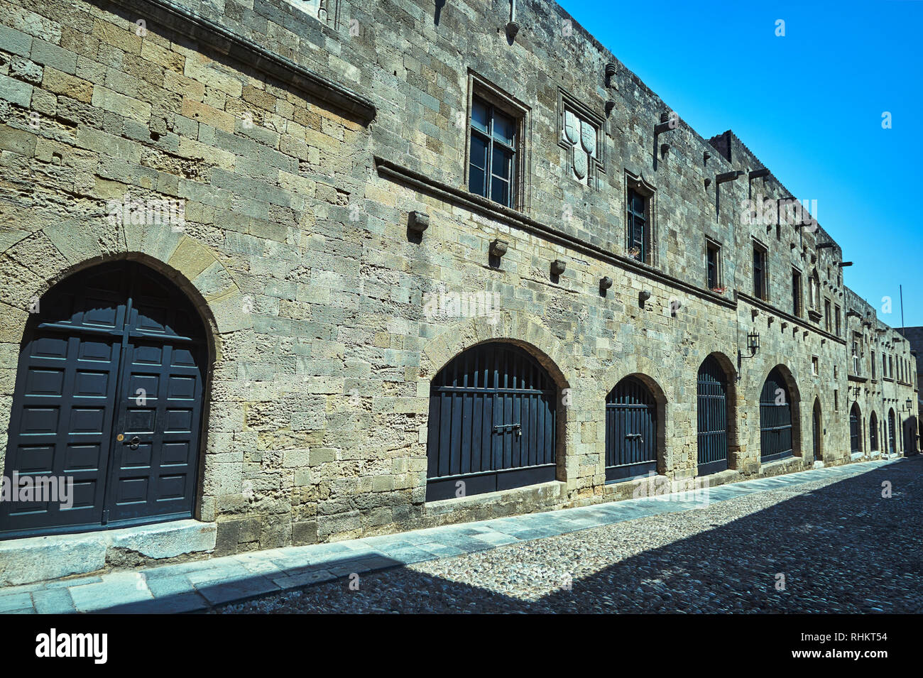 Historic, medieval buildings on Ippoton Street in the city of Rhodes in ...