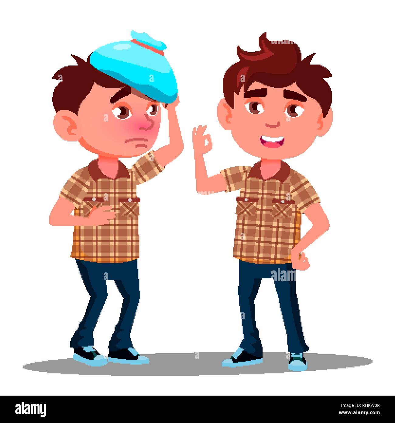 Sick Sad Boy Putting An Ice Pack On His Head Vector. Before, After ...