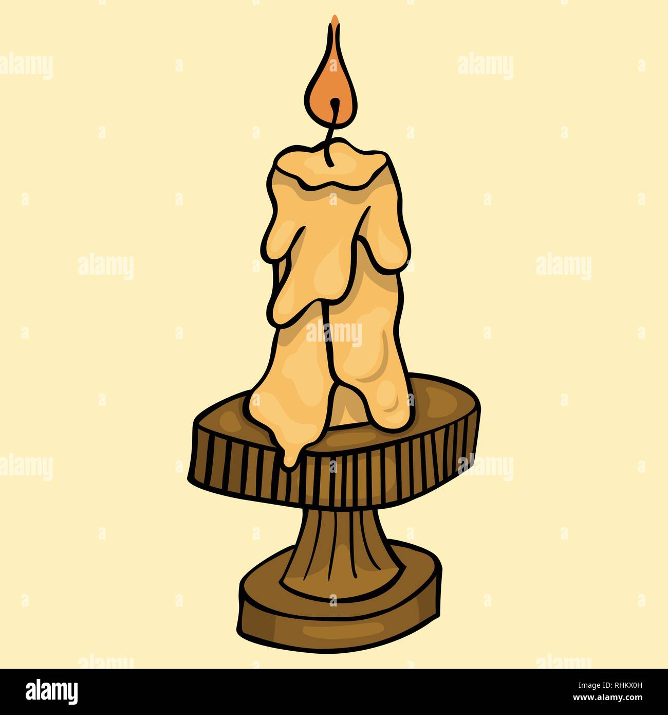 doodle cartoon isolated burning candle on brown vintage candleholder ...
