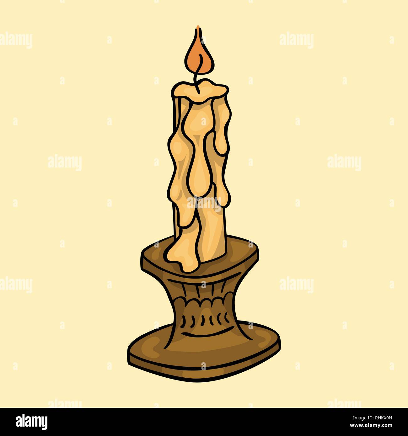 doodle cartoon isolated burning candle on brown vintage candleholder ...