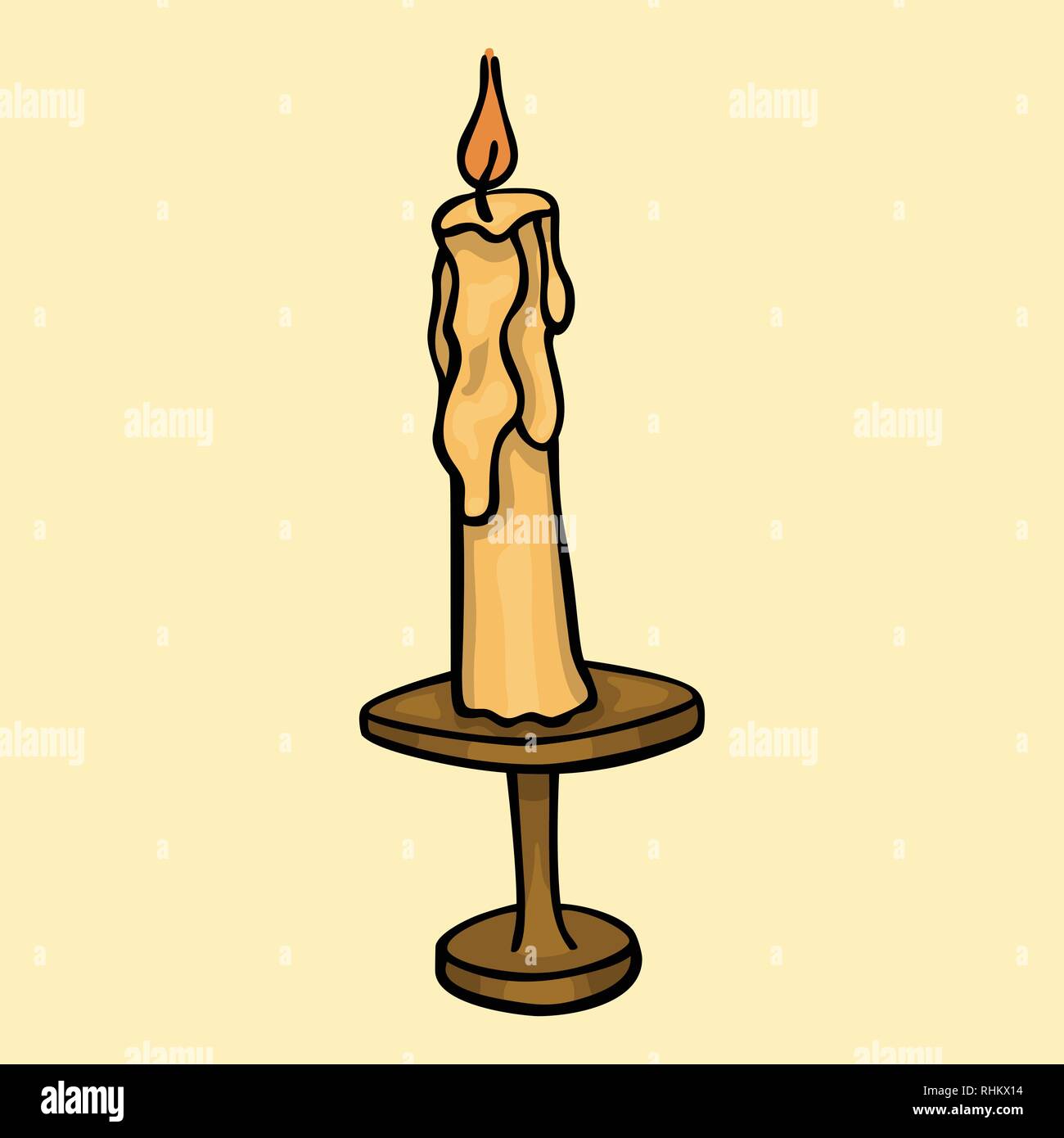 doodle cartoon isolated burning candle on brown vintage candleholder ...