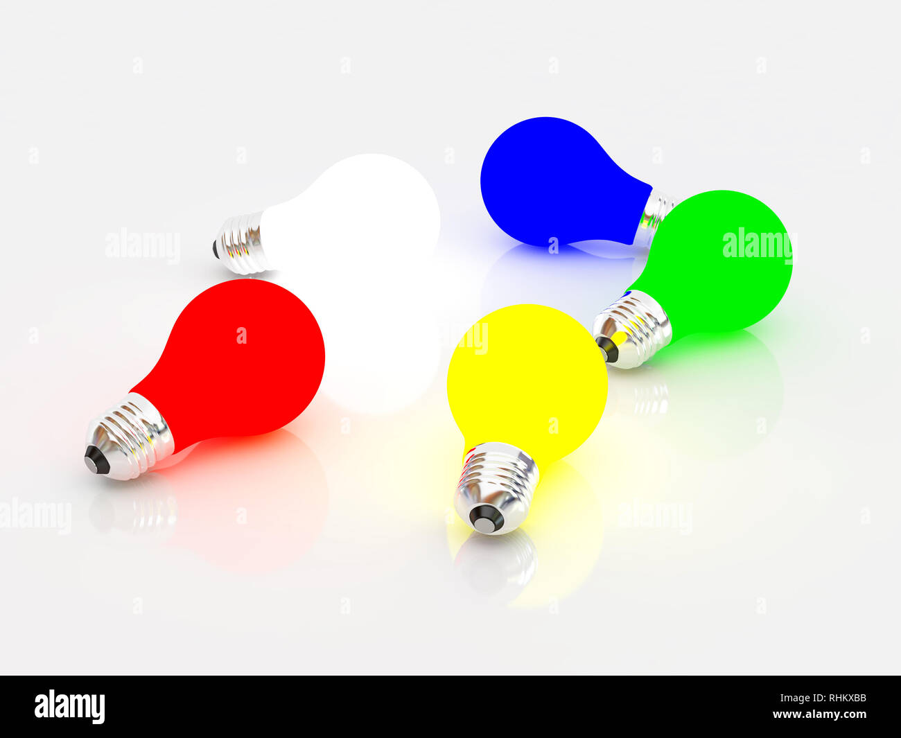 High resolution image multi-coloured bulbs. 3d illustration over white ...