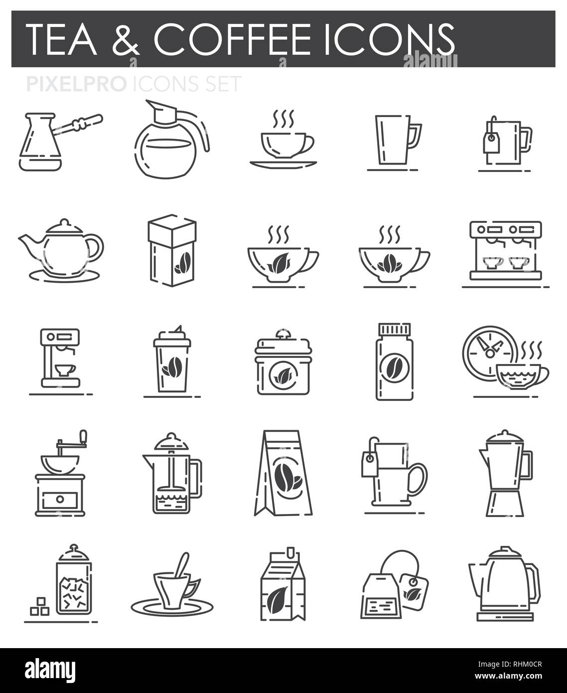 Tea and coffee outline icons set on white background for graphic and ...