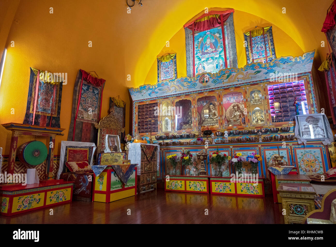 The alter and empty interior of the Sherpa Temple in Jackson Heights ...
