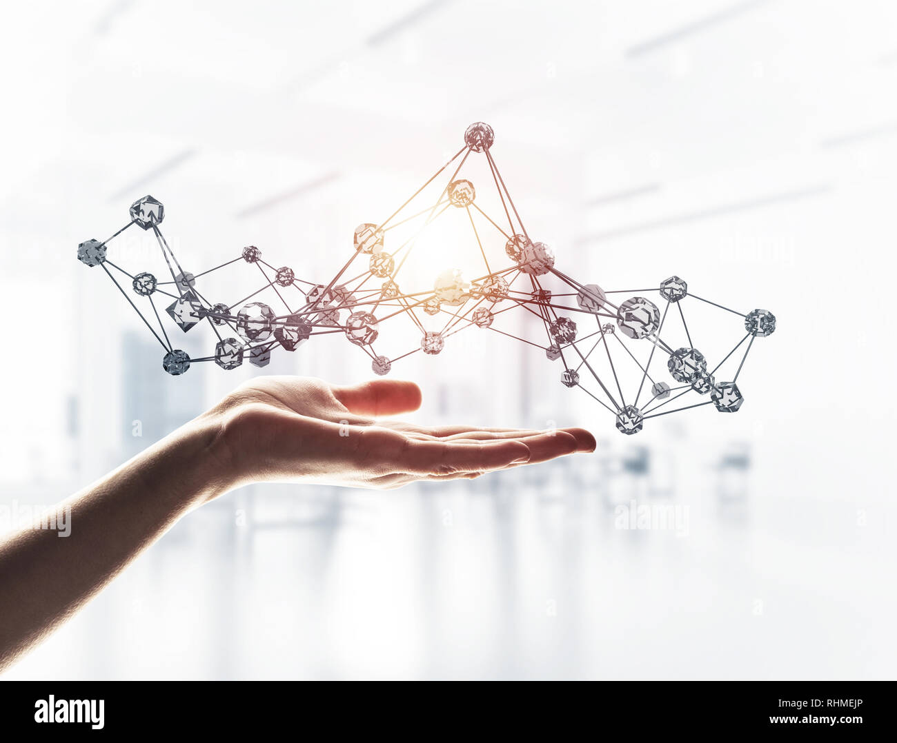 Wireless connection presented by lines and dots in human hand Stock ...