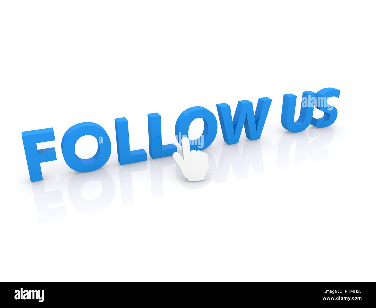 Hand cursor indicates inscription - follow us. 3d render illustration ...