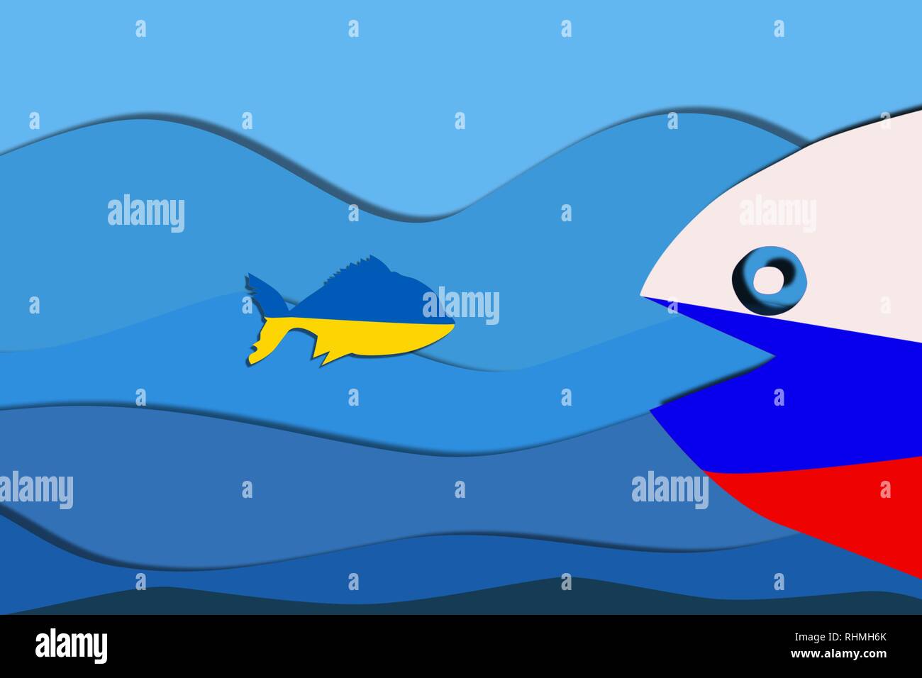 A small fish in the color of the flag of Ukraine falls into the mouth ...