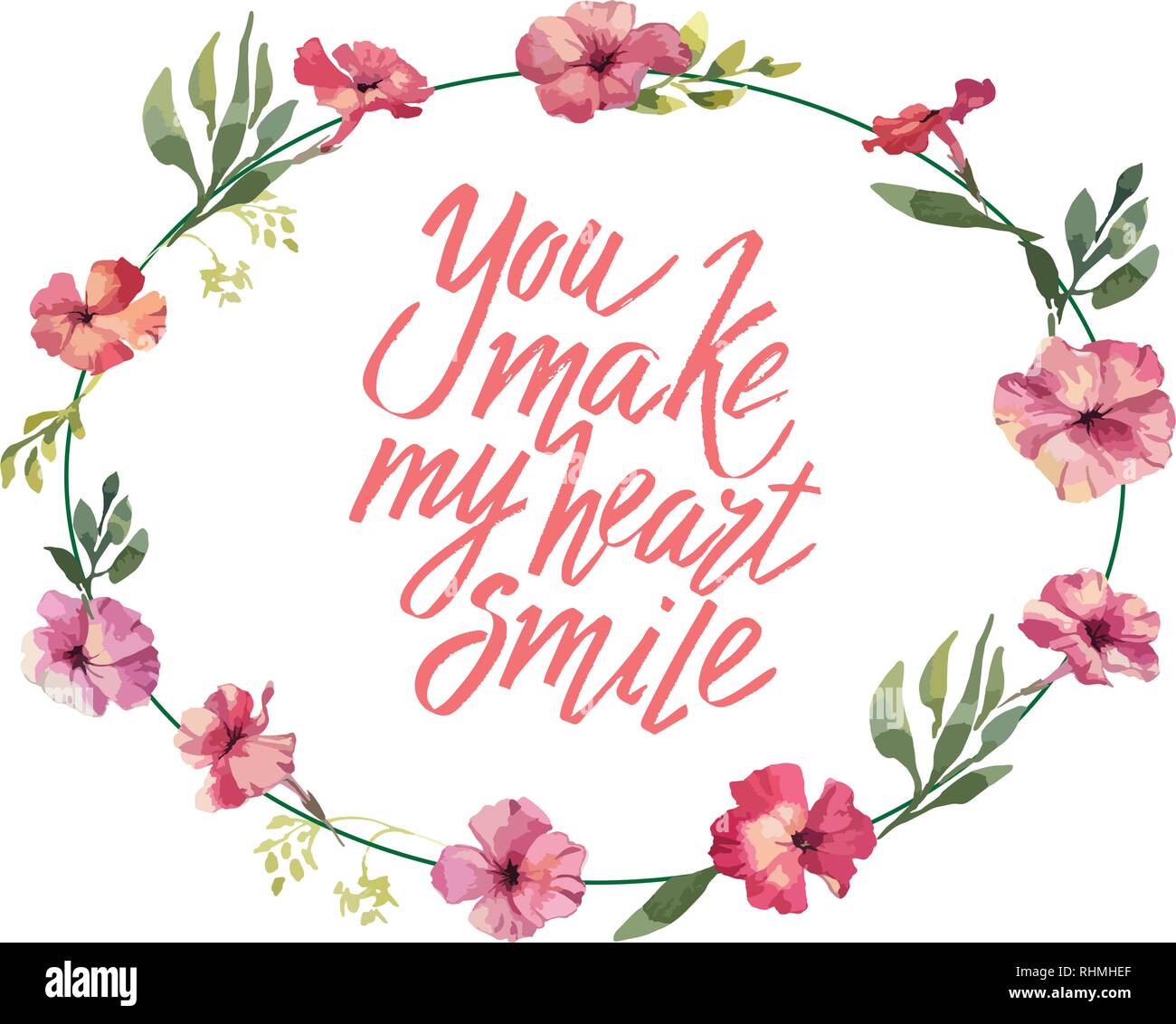 You make my heart smile, hand written lettering. Romantic love ...
