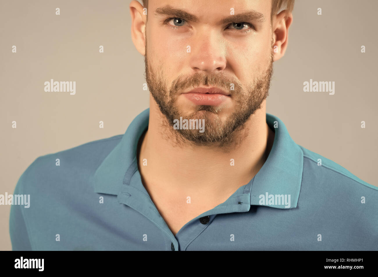 Guy with beard and mustache. Bearded man with healthy young skin. Macho ...