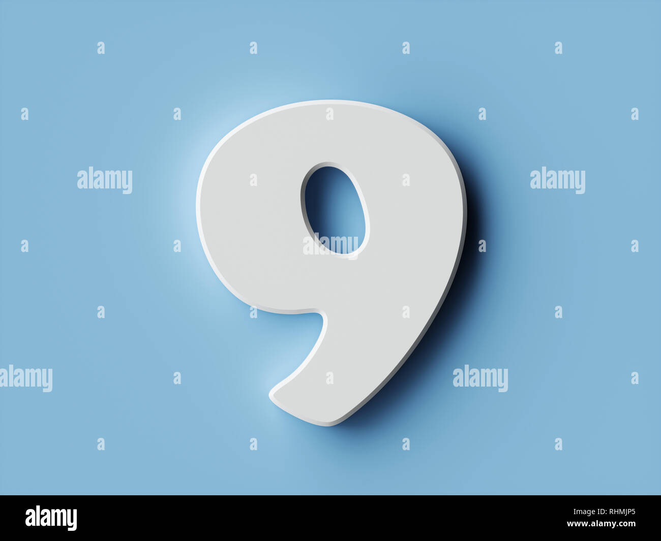 White paper digit alphabet character 9 nine font. Front view number 9 ...