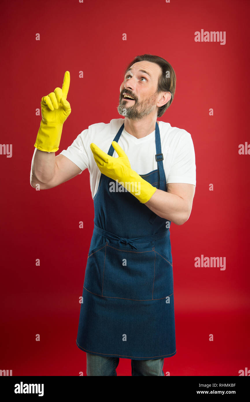 Bearded guy cleaning home. On guard of cleanliness and order. Cleaning ...
