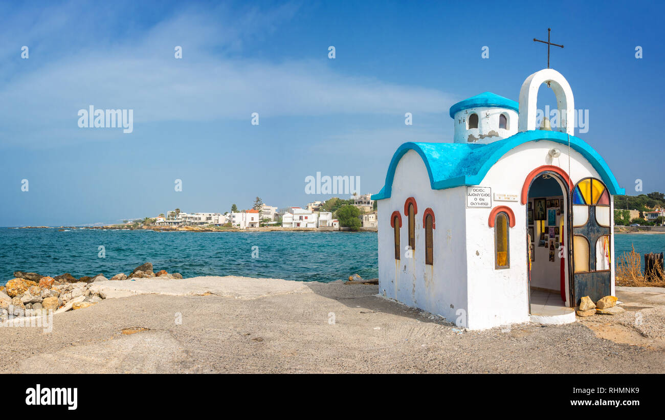 Colorful greek orthodox chapel by the sea near Chania in Crete, Greece ...