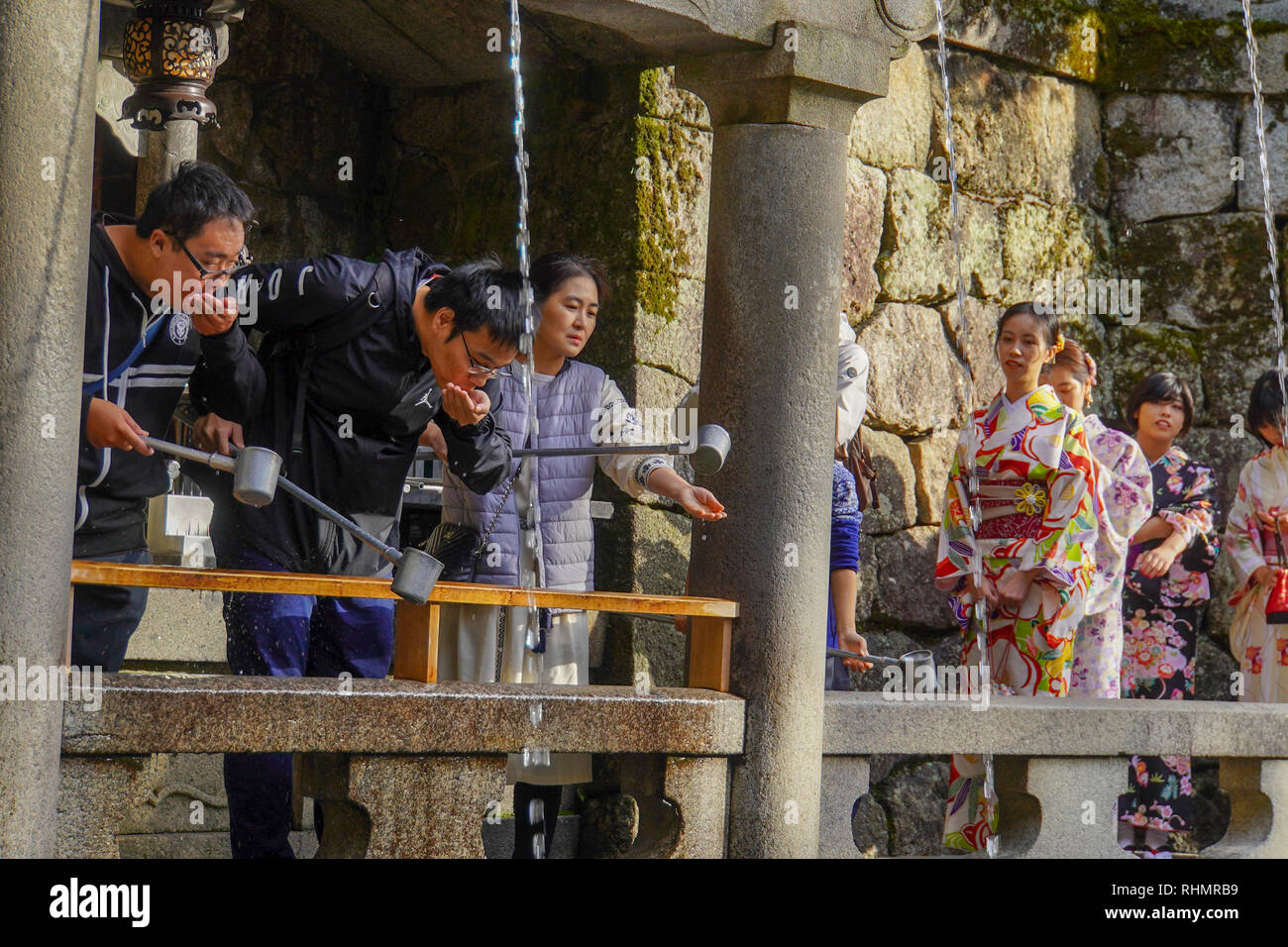 Kiyomizu-dera, temple, Kyoto, Japan. Pilgrims purify themselves with ...