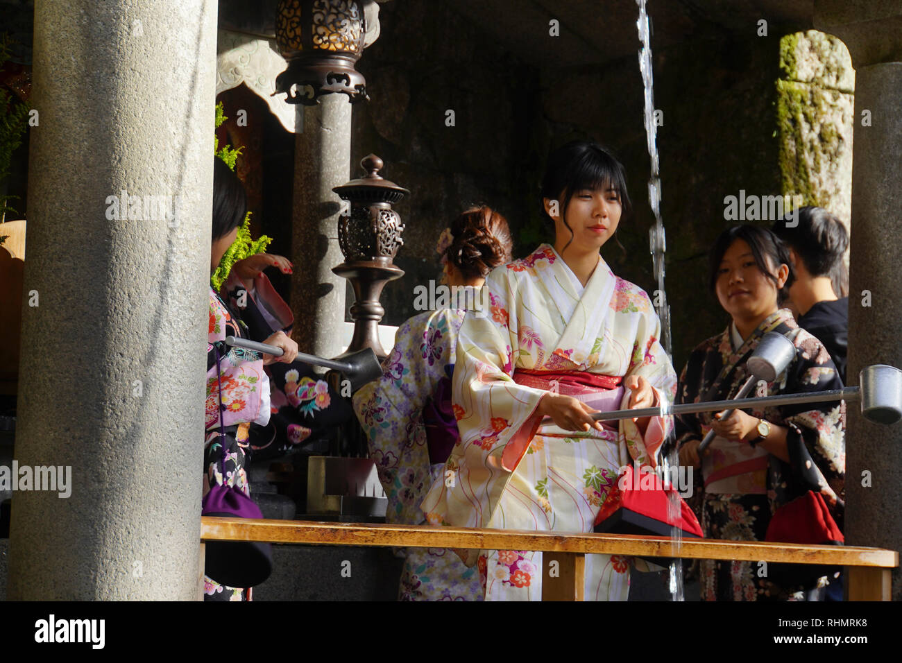 Kiyomizu-dera, temple, Kyoto, Japan. Pilgrims purify themselves with ...