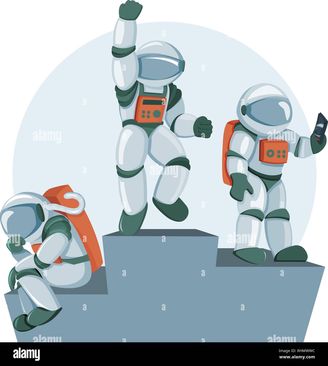 Cartoon flat professional spacemans emotional triumph, winning and ...