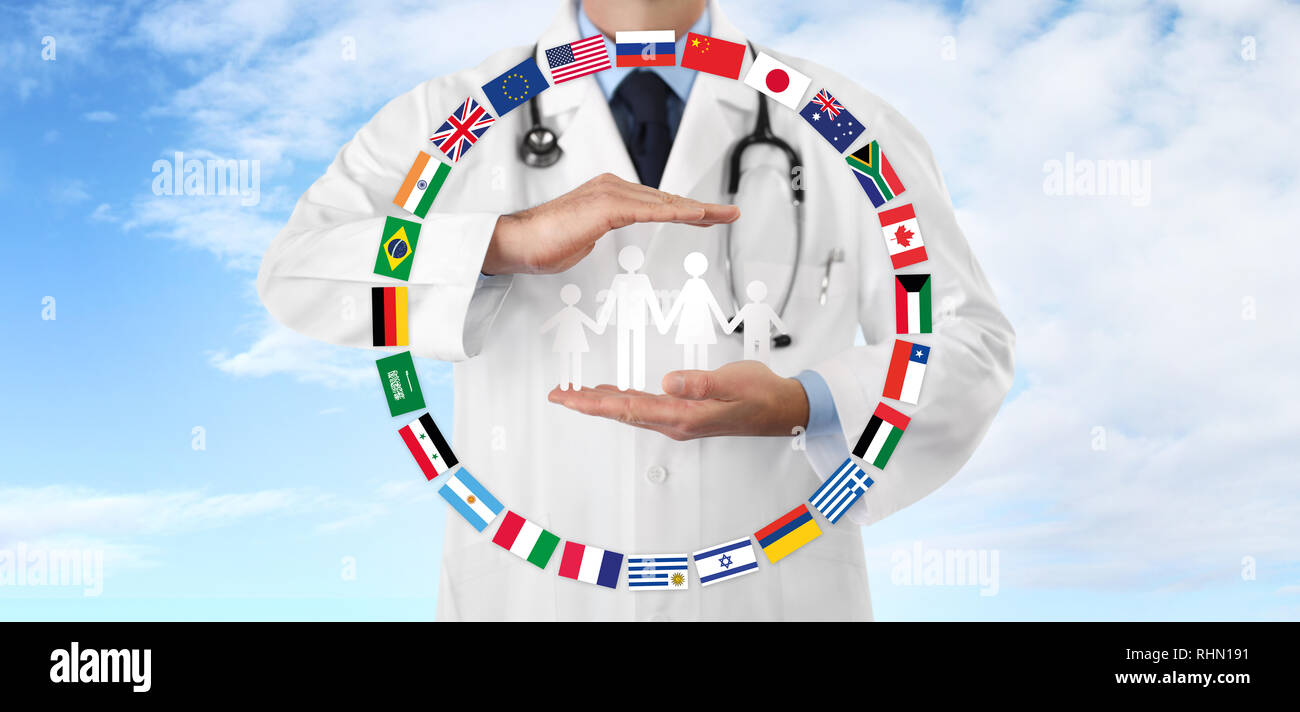 international travel medical insurance concept, doctor's hands protect ...