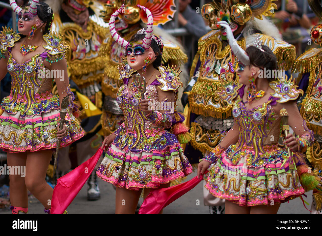 Diablada dancers in ornate costumes parade through the mining city of ...