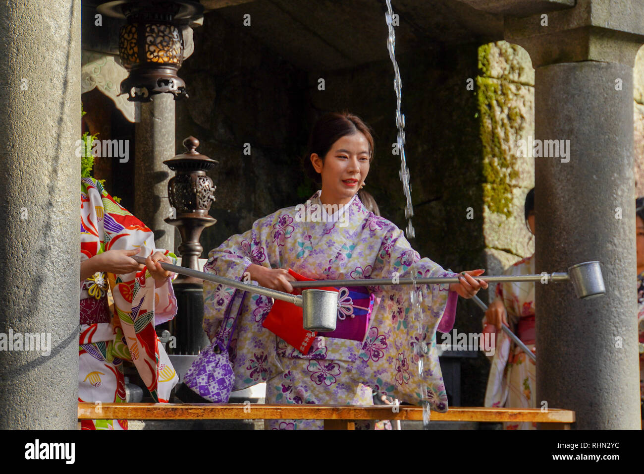 Kiyomizu-dera, temple, Kyoto, Japan. Pilgrims purify themselves with ...