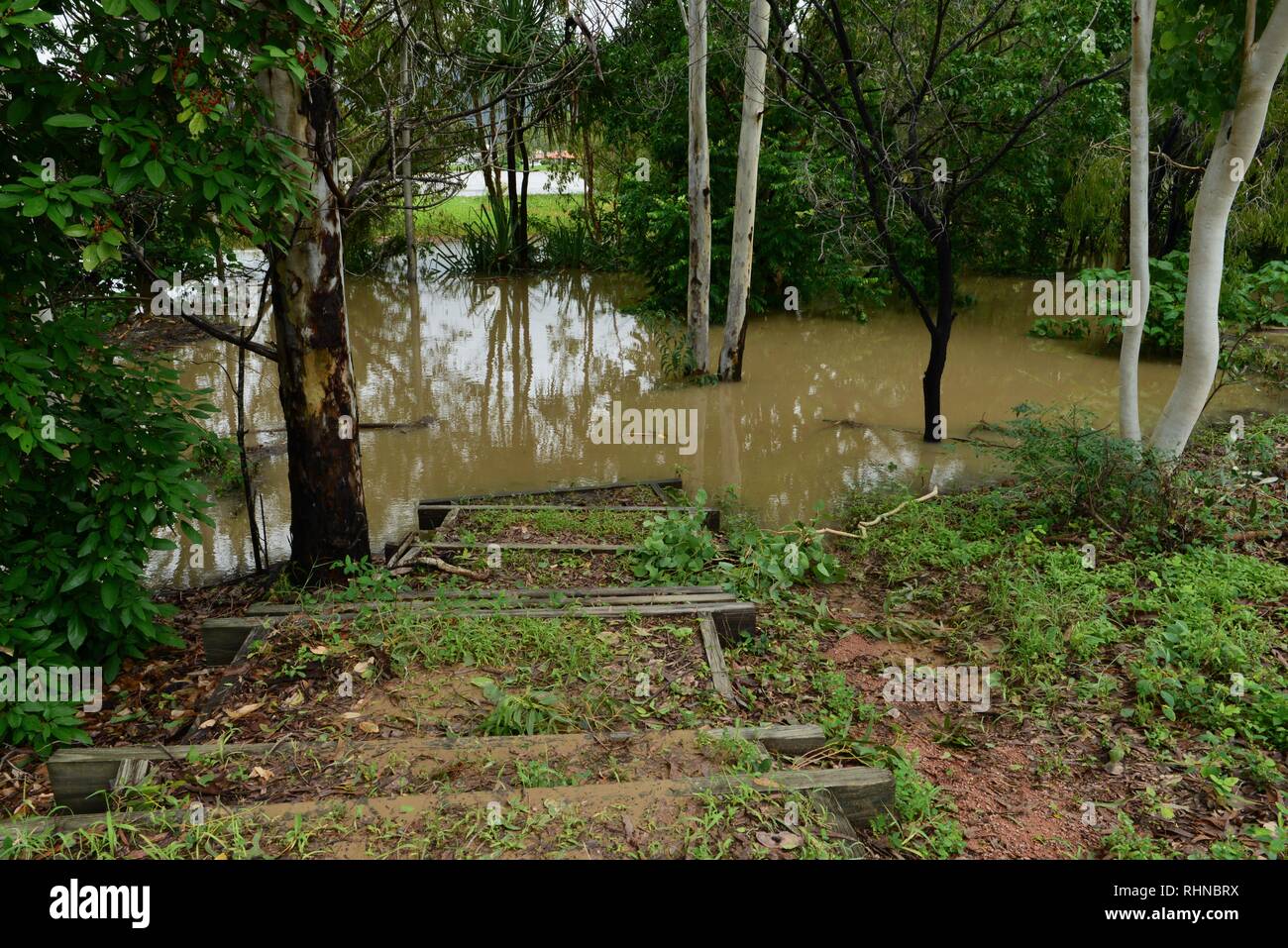 Stairs leading down to the Ross River, Queensland, Australia. 3 ...