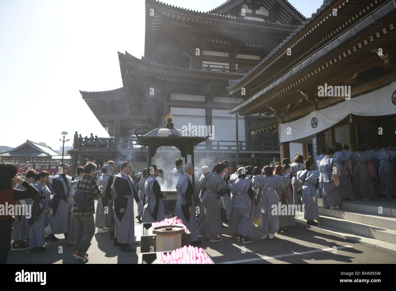 TOKYO, JAPAN - FEBRUARY 3: Participants dressed in a traditional robe ...