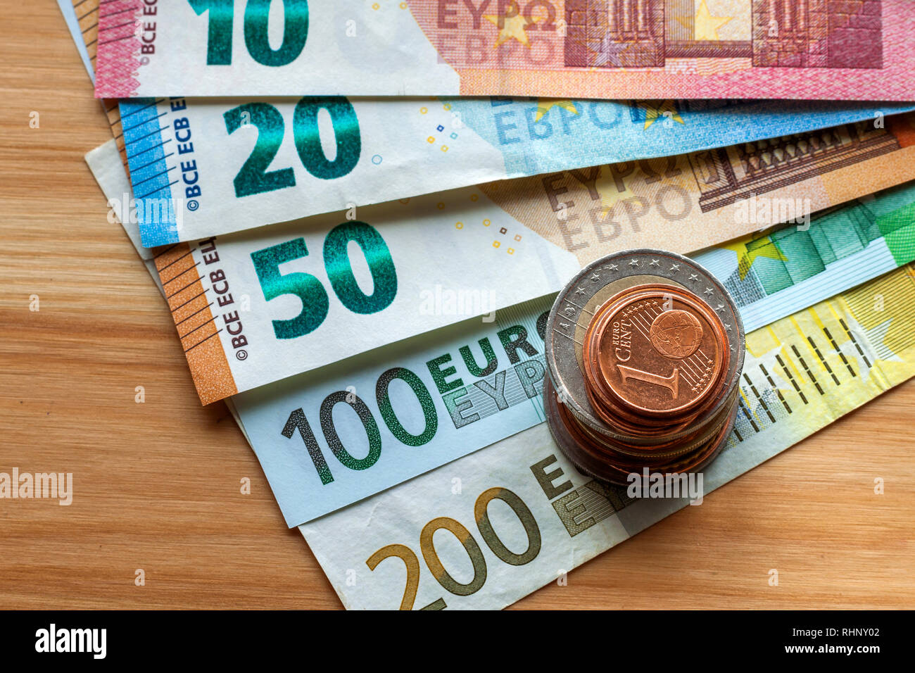 Neatly arranged stack of euro banknotes, currency bills worth ten ...