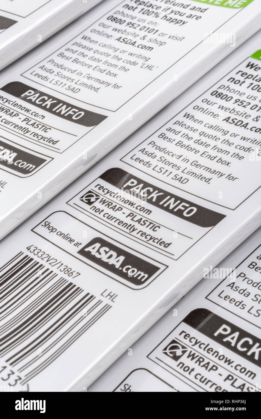 ASDA food labelling showing recycling status of food packaging. For war ...