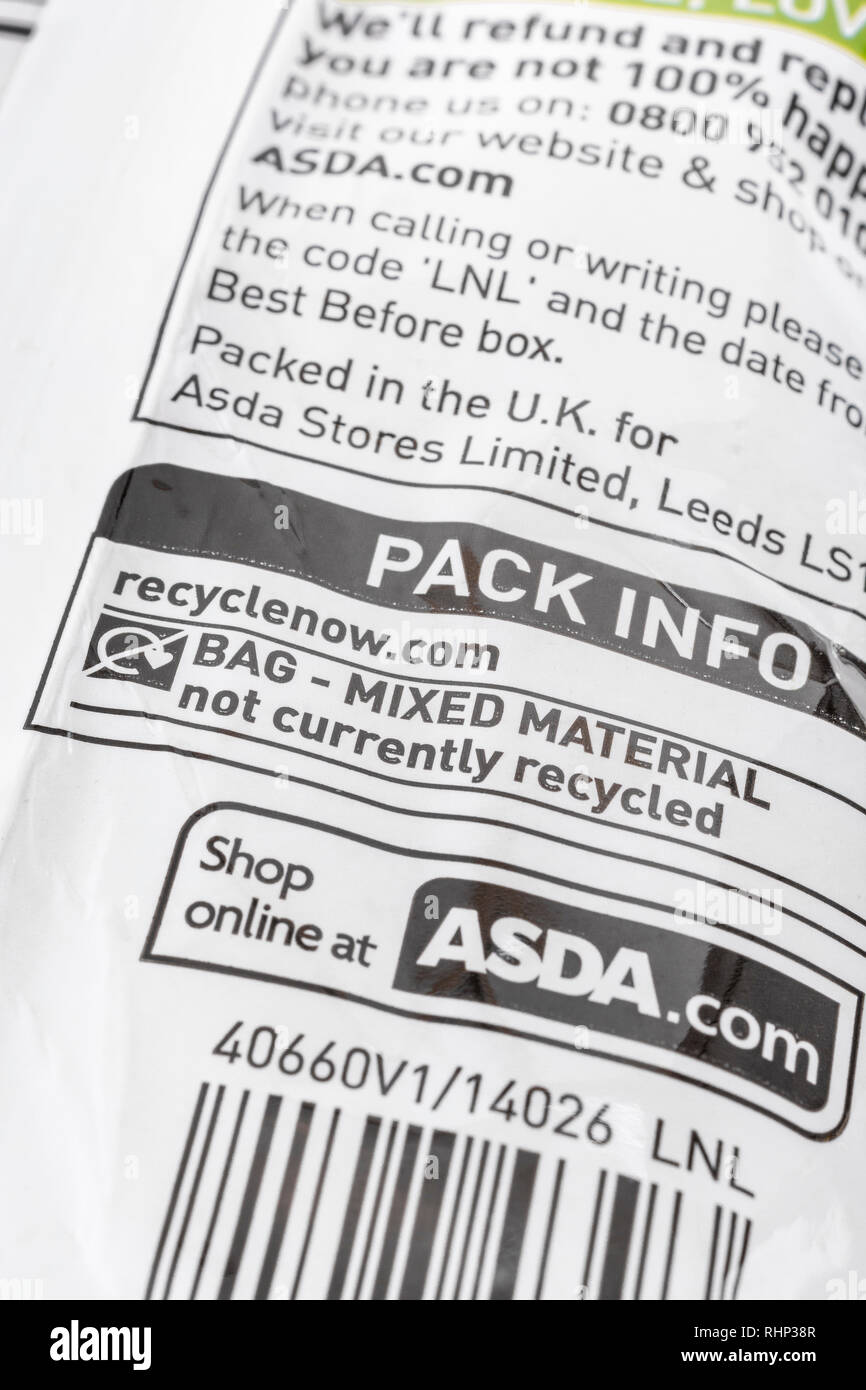 ASDA food labelling showing recycling status of food packaging. For war ...