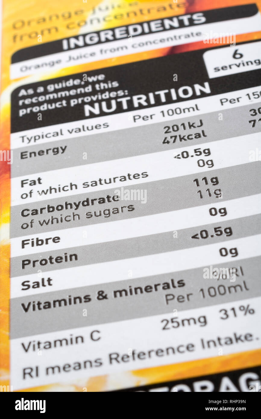 ASDA orange juice nutrition label - showing sugar / carbohydrate ...