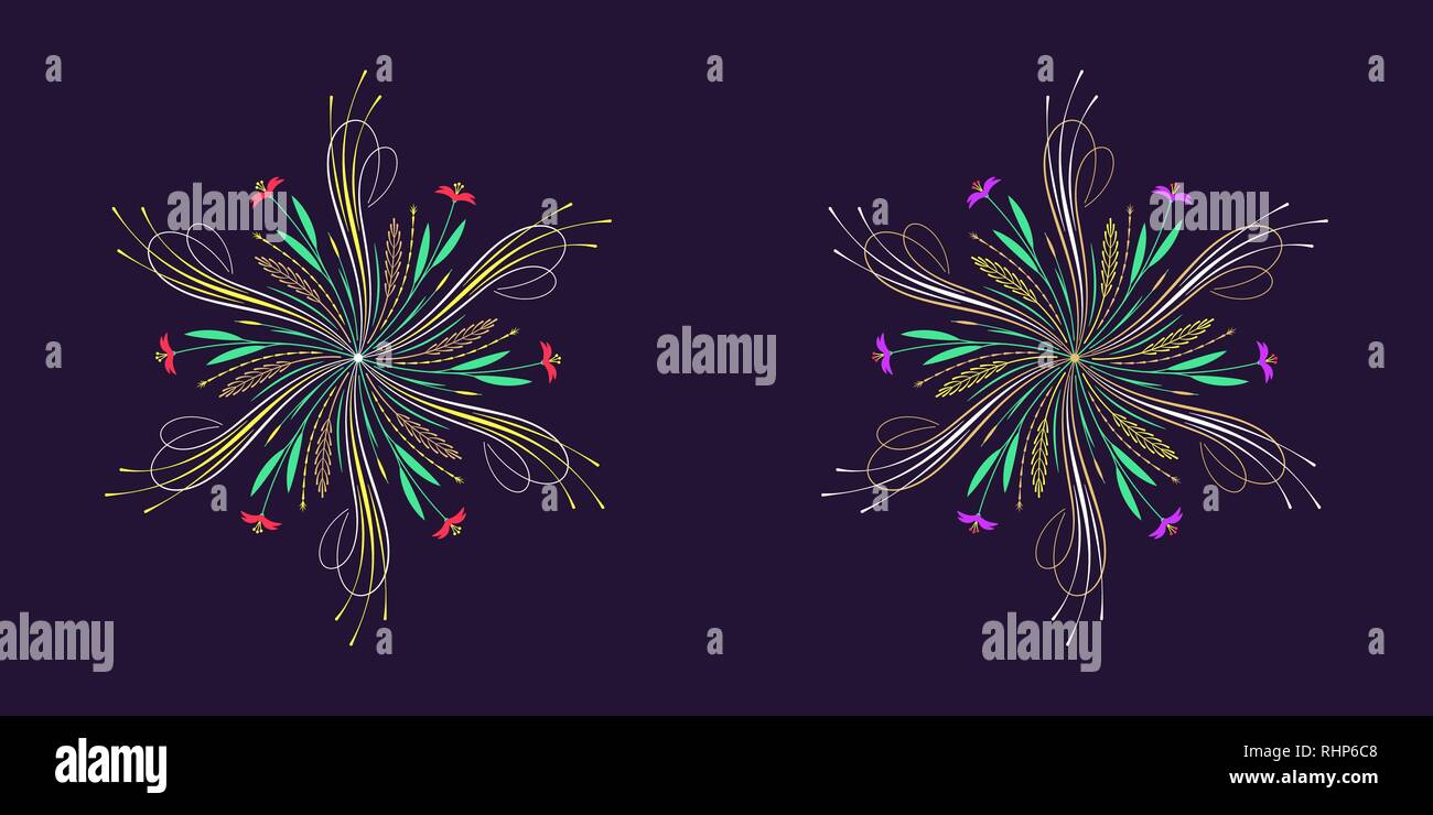 Floral flourish ornament in calligraphic style with 6 repeating rays ...