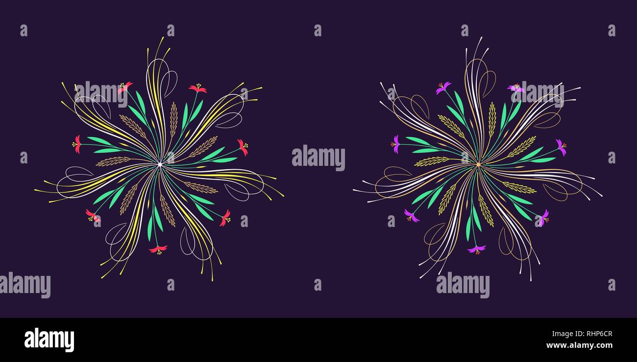 Floral flourish ornament in calligraphic style with 7 repeating rays ...