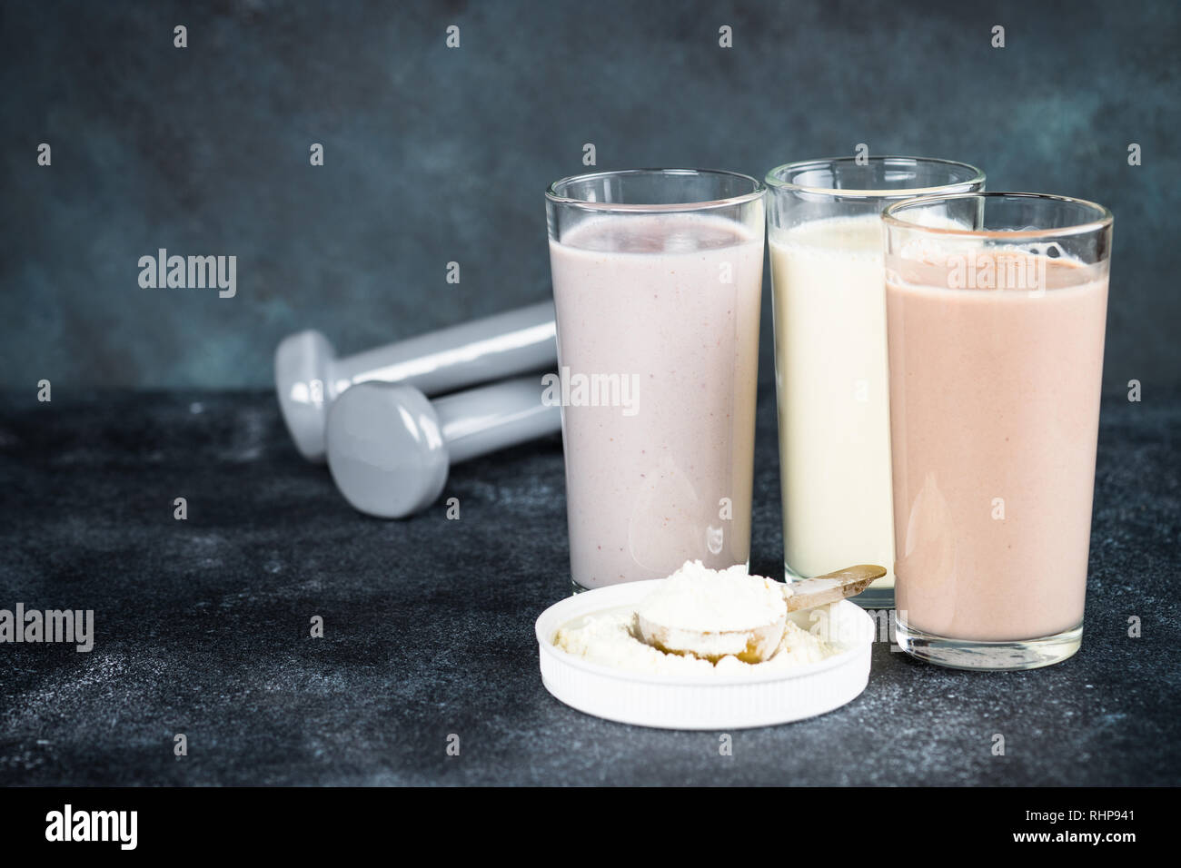 Fitness concept, Sports nutrition. Protein cocktails, protein powder ...