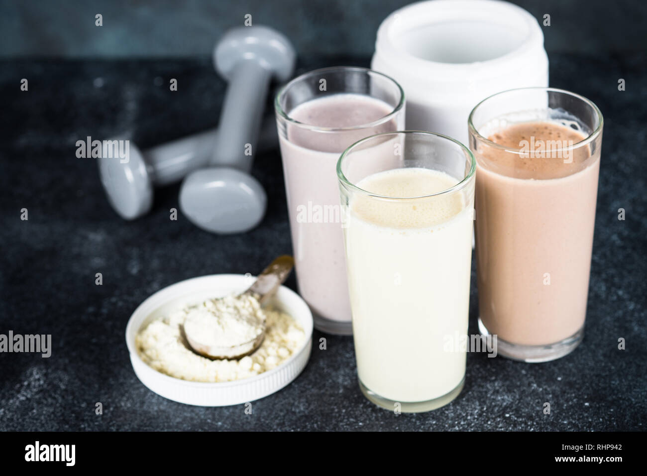 Fitness concept, Sports nutrition. Protein cocktails, protein powder ...