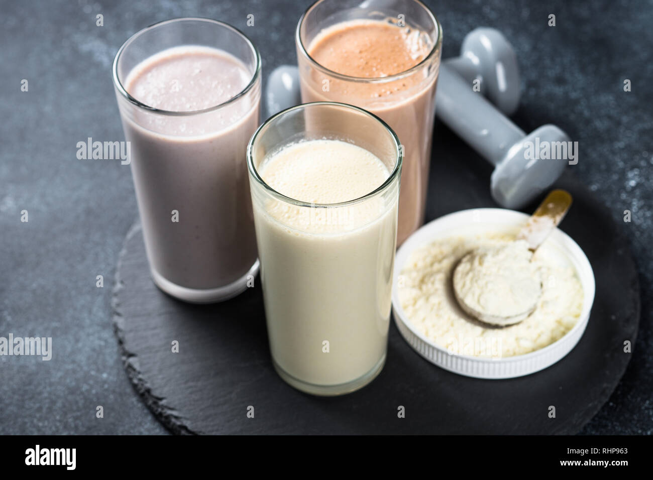 Fitness concept, Sports nutrition. Protein cocktails, protein powder ...