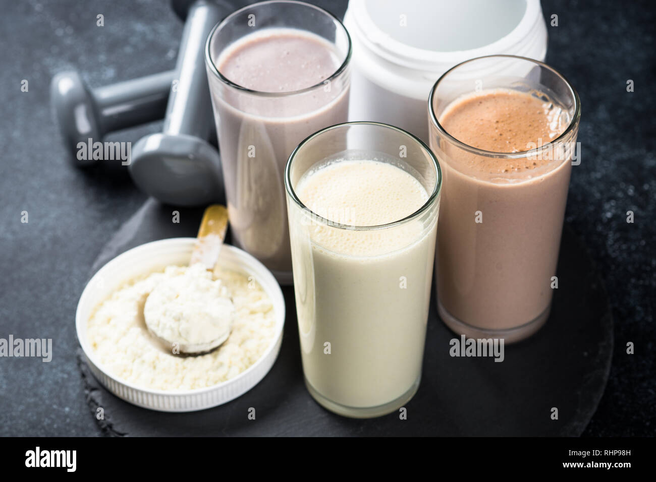Fitness concept, Sports nutrition. Protein cocktails, protein powder ...