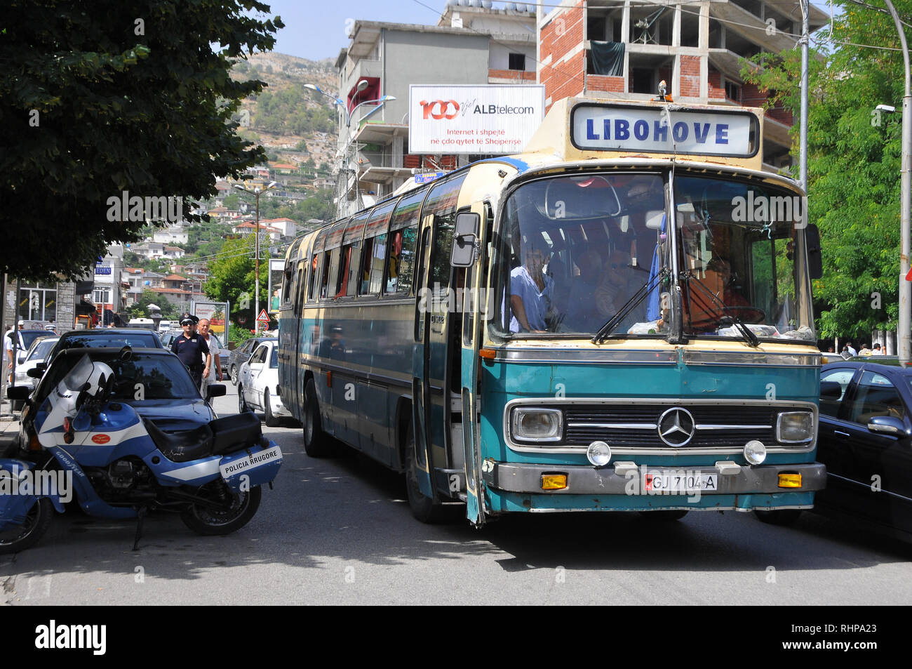 Gjirokaster, UNESCO World Heritage Site in Albania. Old bus Stock Photo ...