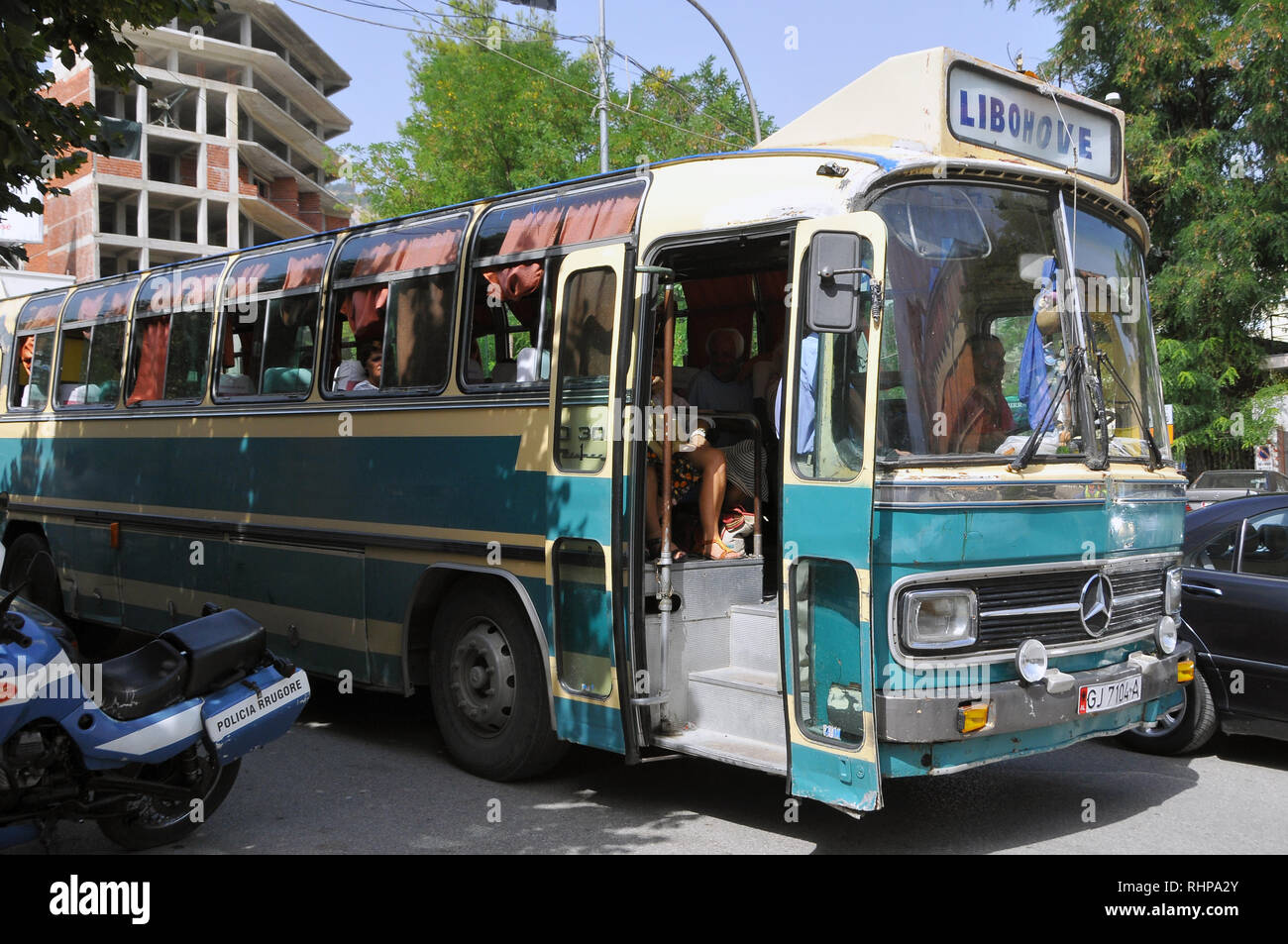 Gjirokaster, UNESCO World Heritage Site in Albania. Old bus Stock Photo ...