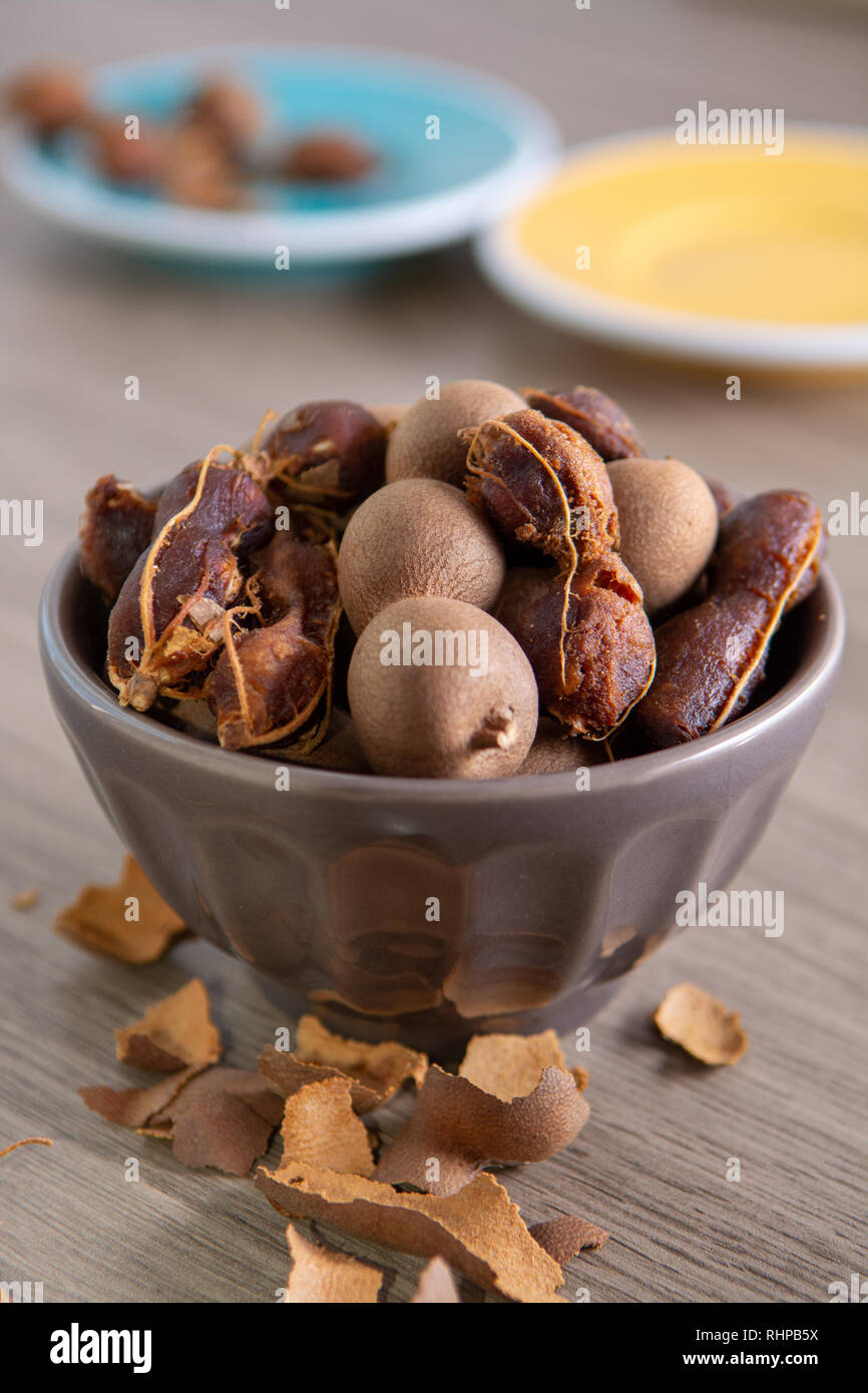 Fruits of tropcal Africal tree tamarind, used in cooking, traditional ...